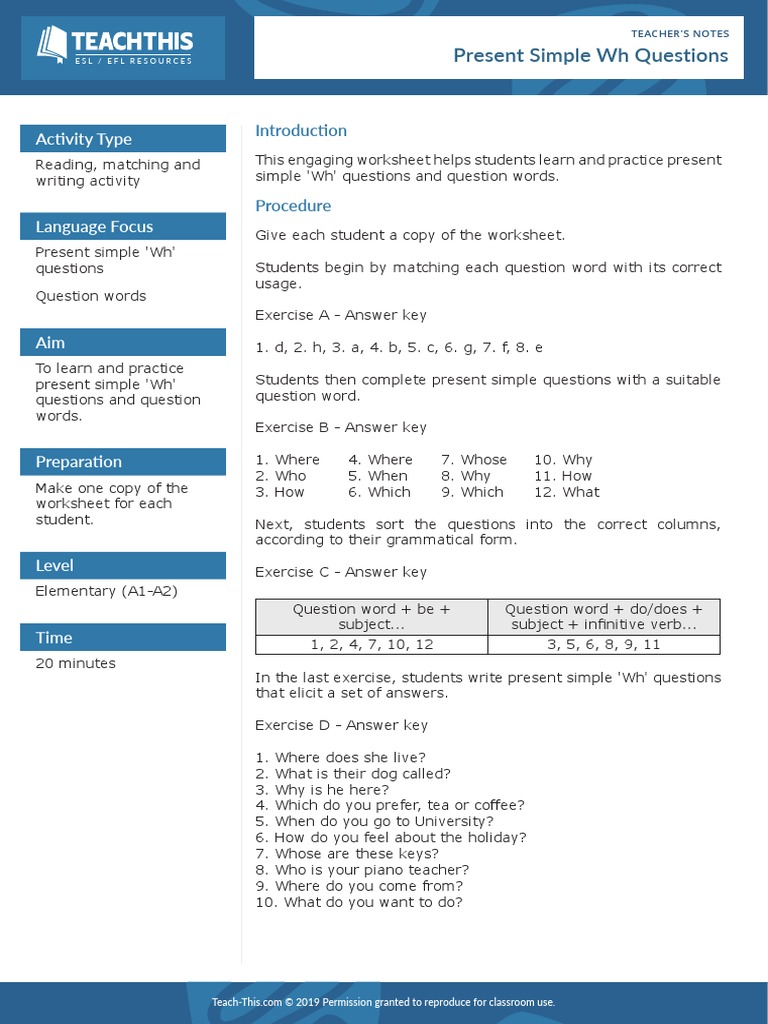 Present Simple WH Questions Worksheet | Download Free PDF | Question ...