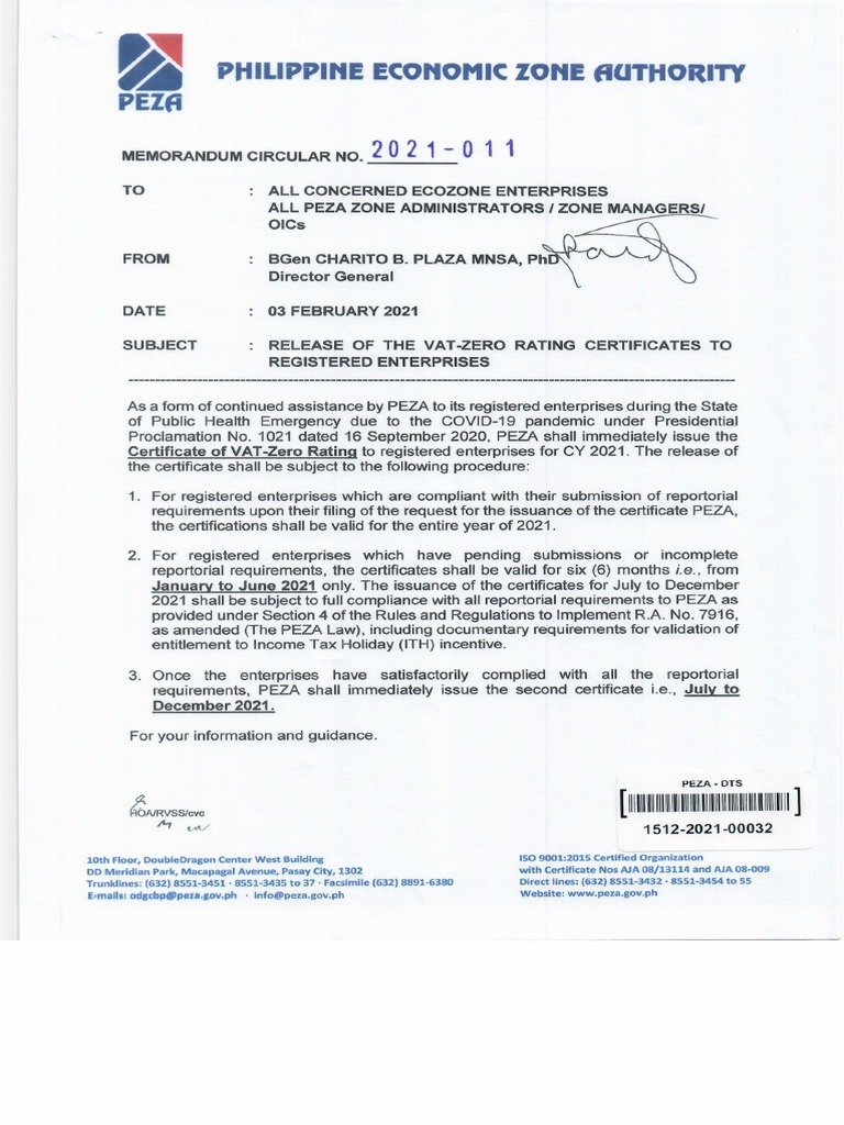 MC No. 2021-011 - Release of The VAT-Zero Rating Certificates To ...