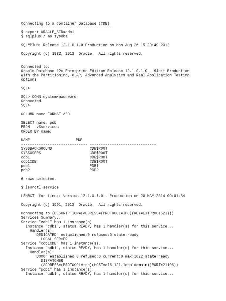 Connecting To Container Databases Cdb And Pluggable Databases Pdb Pdf Computer