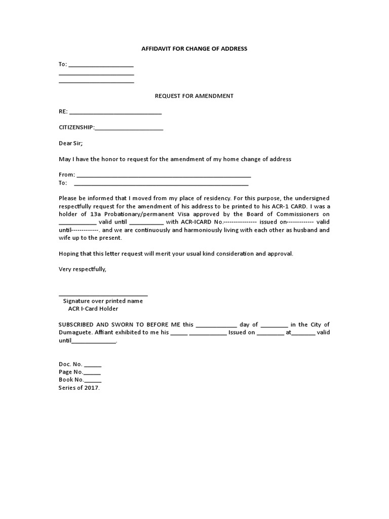 Affidavit For Change of Address - Request (FOREIGNER) | PDF