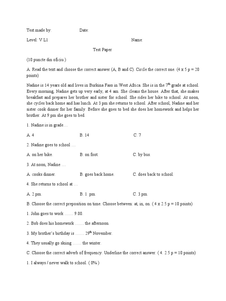 Test Engleza Clasa A 5a Semestrul Ii + Barem | PDF | Eating Behaviors ...