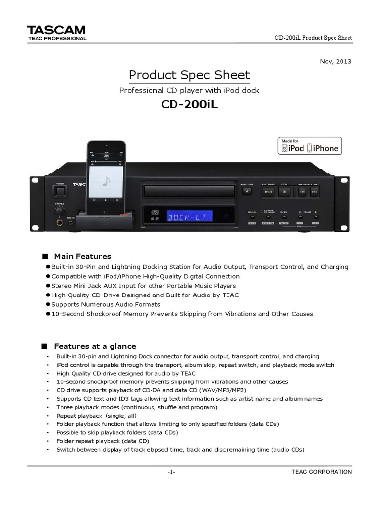 Product Spec Sheet: CD-200iL | PDF | Compact Disc | I Pod