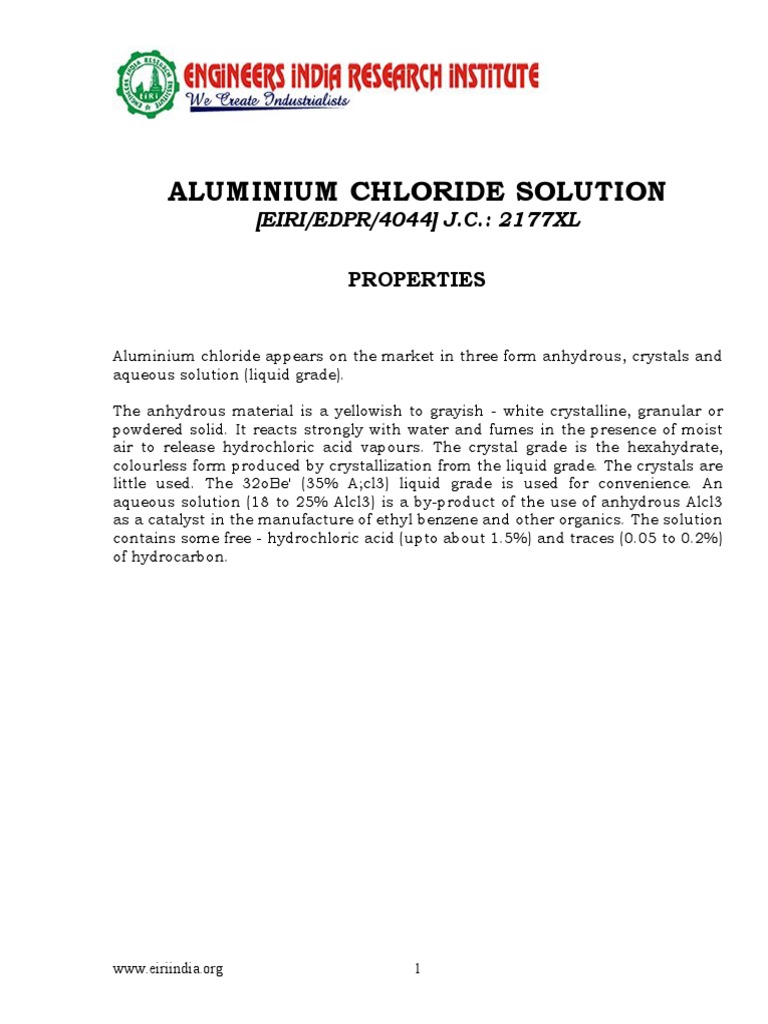 Project Report On Aluminium Chloride Solution | PDF | Chlorine | Aluminium