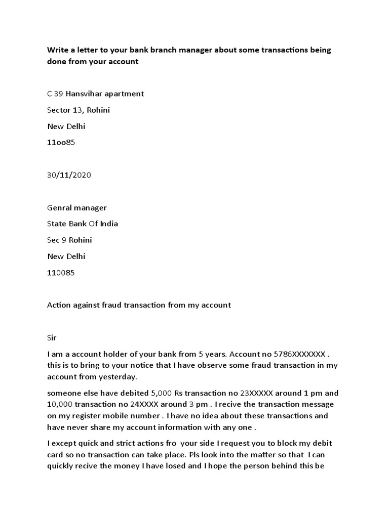 Write A Letter To Your Bank Branch Manager About Some Transactions ...