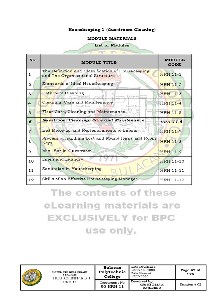 Housekeeping 1 (Guestroom Cleaning) Module Materials List of Modules ...