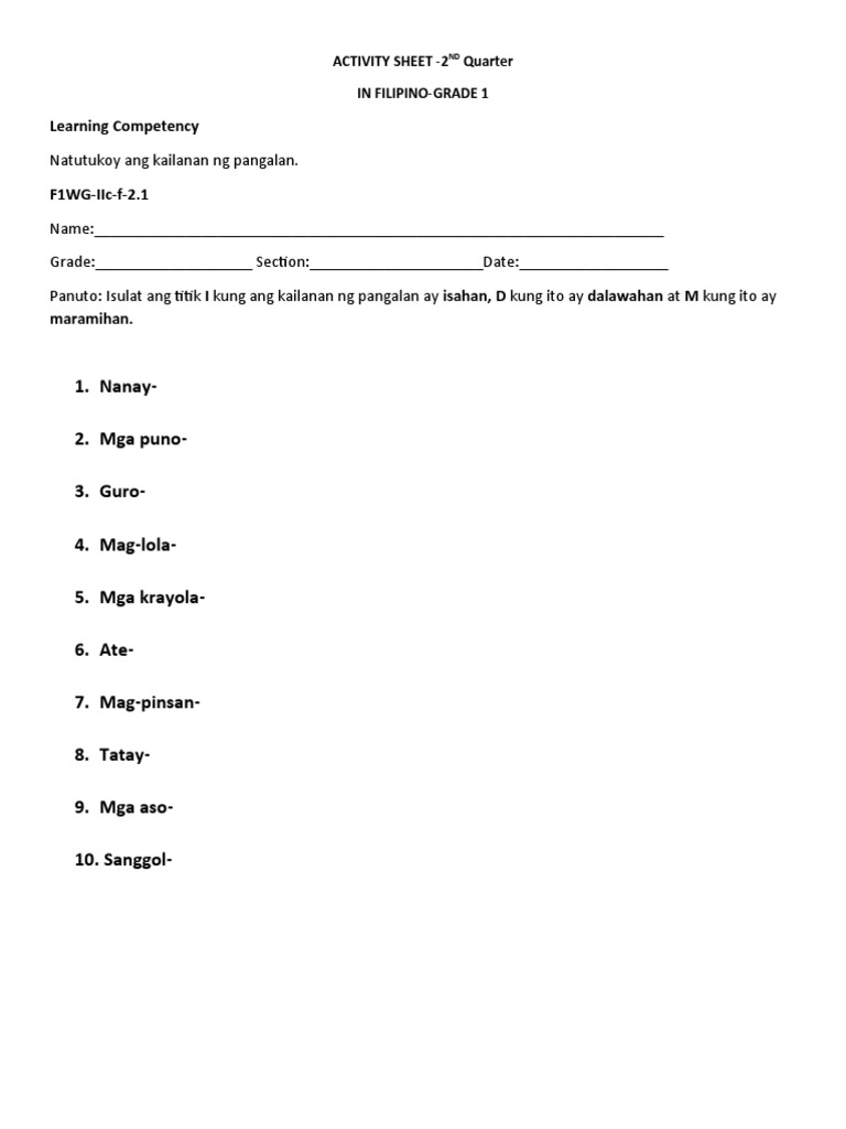 2nd Quarter Filipino Worksheets Grade 1-6 | PDF