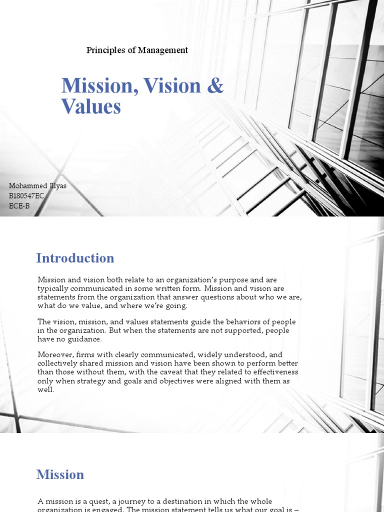 Mission, Vision & Values: Principles of Management | PDF | Value ...