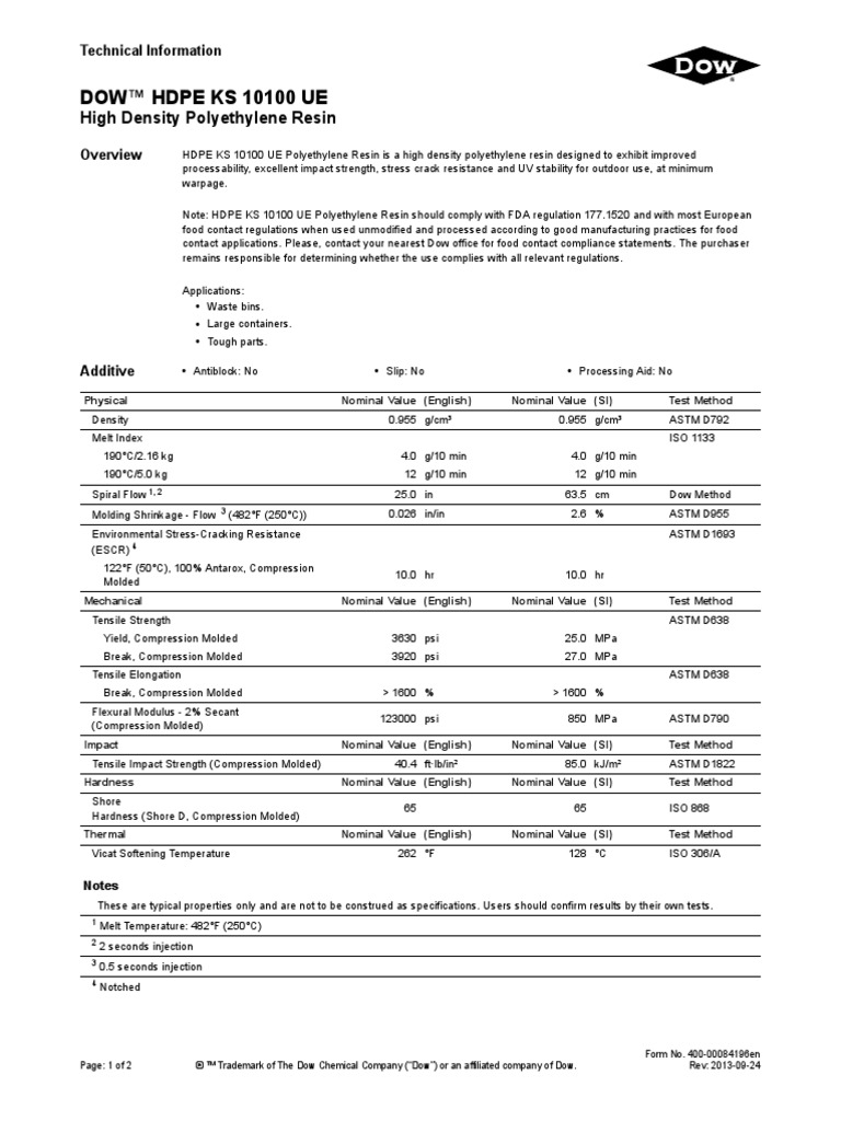 Dow KS 10100 Ue | PDF | Polyethylene | Strength Of Materials