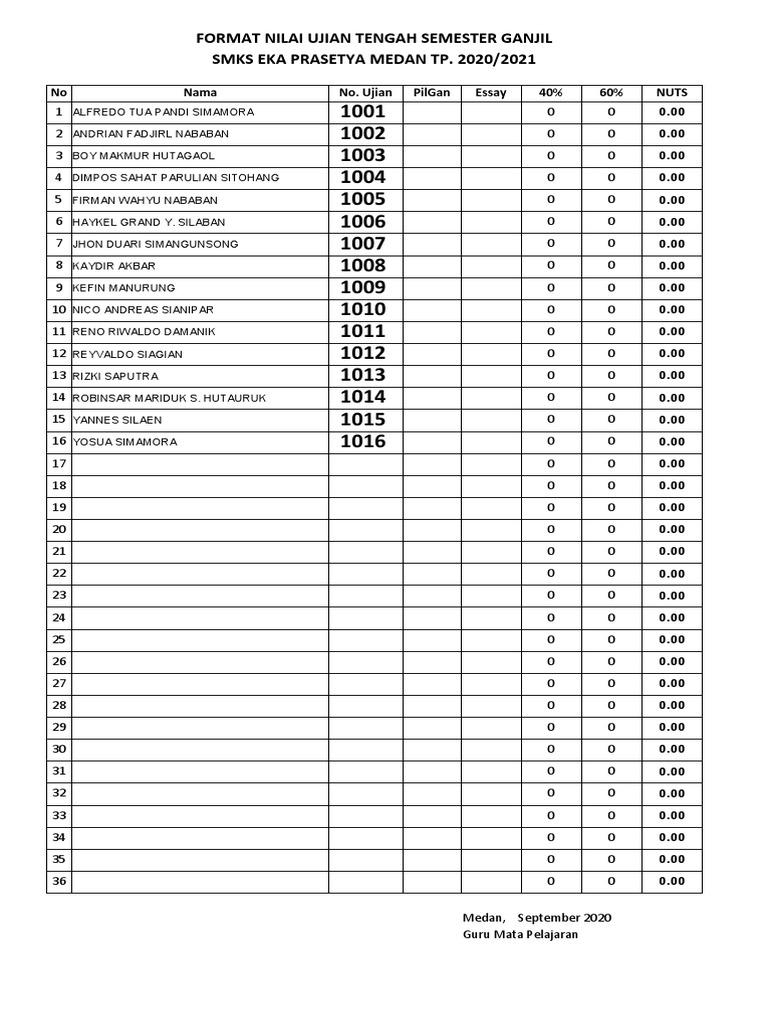 Format Nilai UTS SMKS Eka Prasetya | PDF