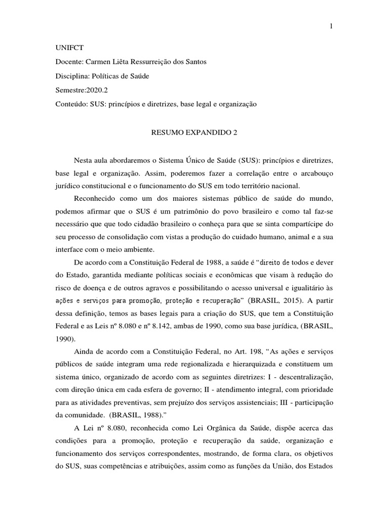 RESUMO 02 SUS Princípios e Diretrizes, Base Legal e Organização | PDF ...