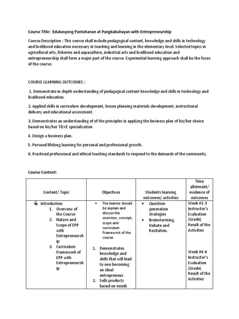 EPP with Entrepreneurship Course Overview | PDF | Curriculum ...