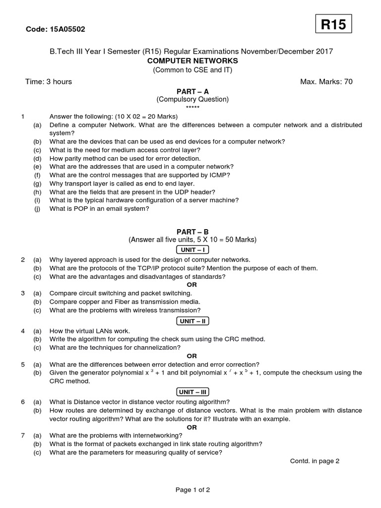 B.Tech Computer Networks Exam Paper 2017 | PDF | Transmission Control ...