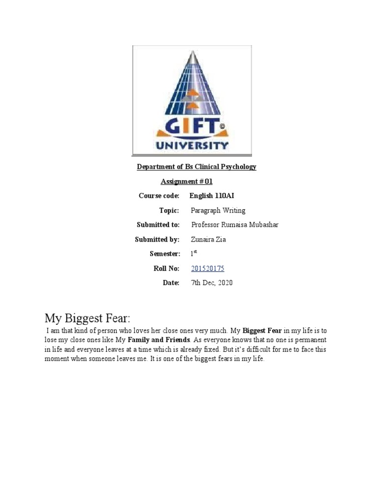 My Biggest Fear:: Bs Clinical Psychology 1 | PDF