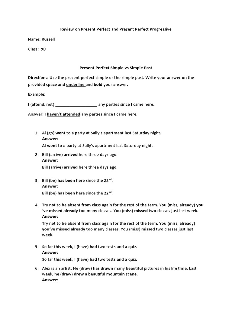 Review On Present Perfect and Present Perfect Progressive 2 | PDF ...