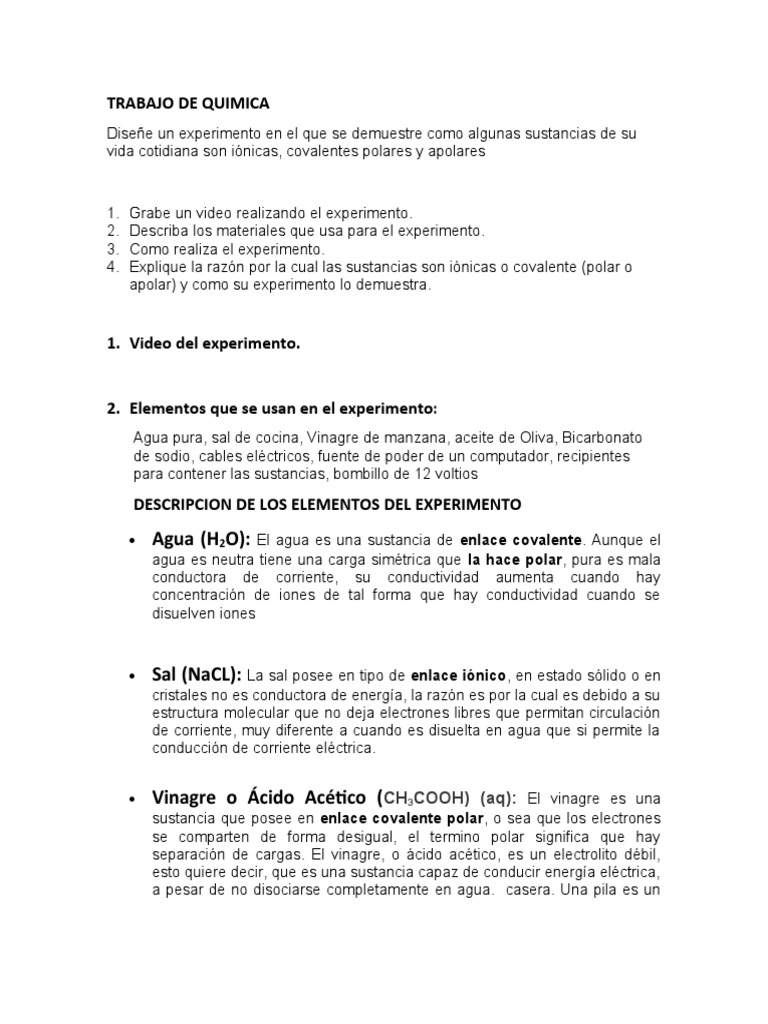 Elementos Que Se Usan en El Experimento | PDF | Polaridad química ...