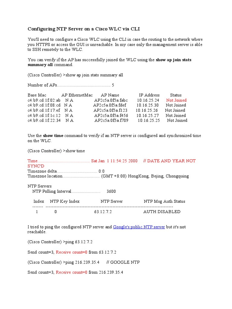 Configuring NTP Server On A Cisco WLC Via CLI: Summary All Command | PDF | Wide Area Network ...
