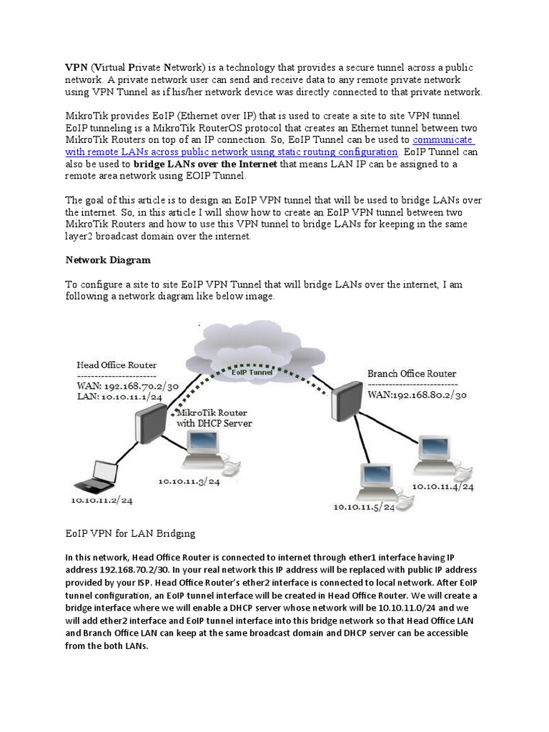 MikroTik EoIP Tunnel For Bridging LANs Over The Internet | PDF | Virtual Private Network ...