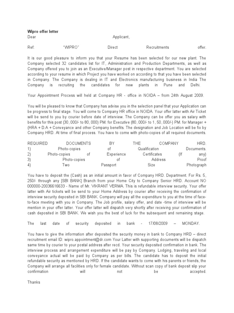 Wipro Offer Letter | PDF | Résumé