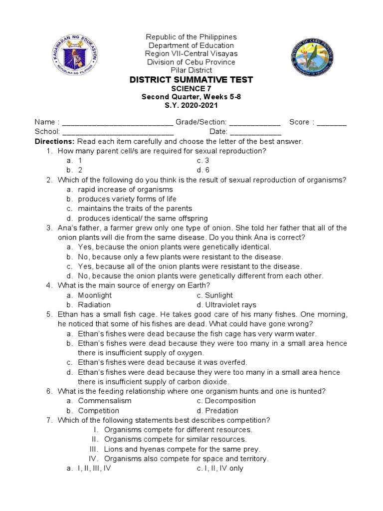 Science 7 Summative Test With Answer Key Weeks 5-8 | PDF | Reproduction ...