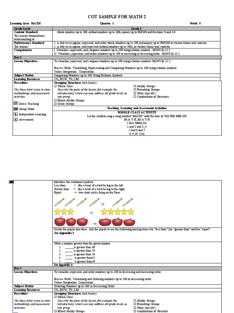 Sample Cot Math 1 W8 Q1 | PDF | Numbers | Learning