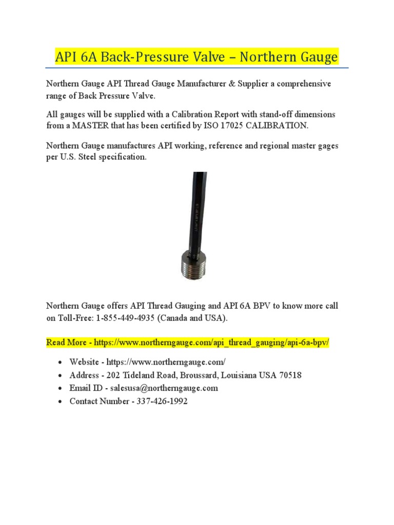 API 6A Back-Pressure Valve - Northern Gauge | PDF | Business ...