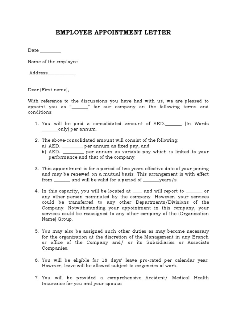 Employee Appointment Letter Template | PDF | Employment | Private Law
