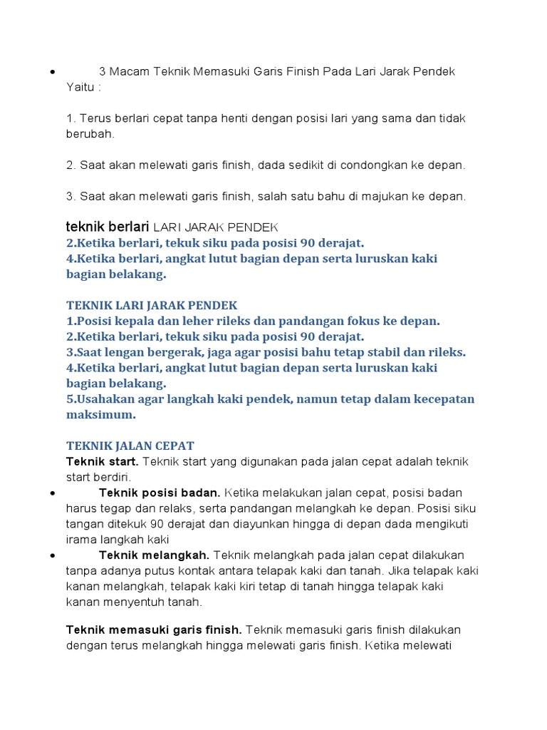 3 Macam Teknik Memasuki Garis Finish Pada Lari Jarak Pendek Yaitu | PDF
