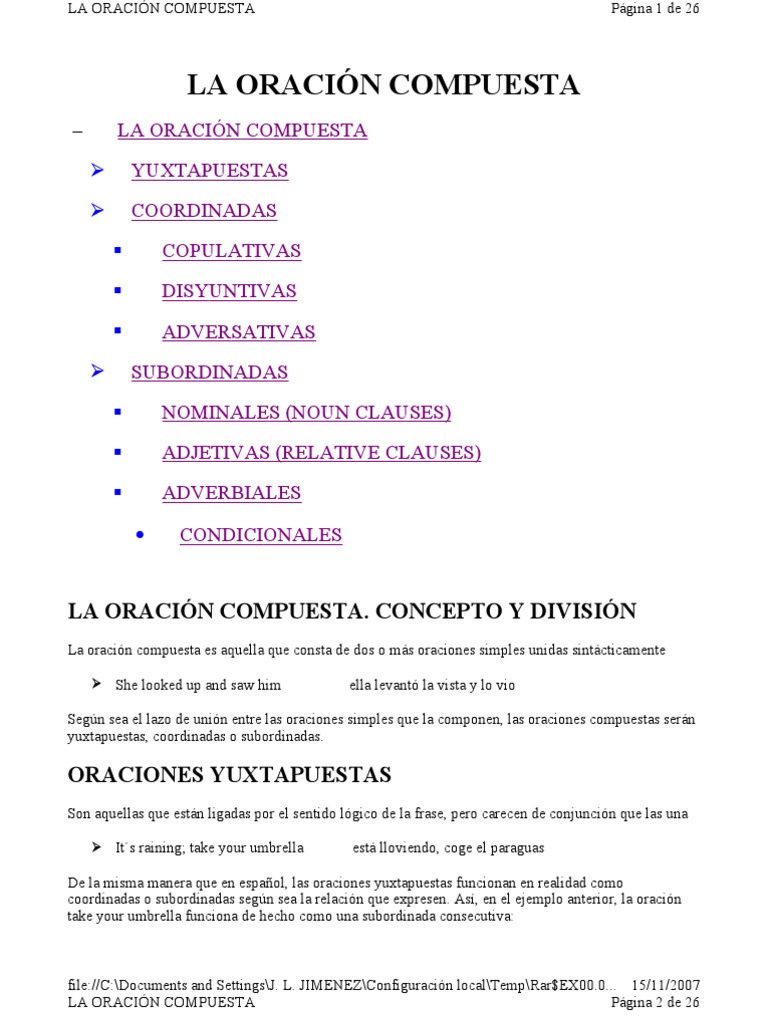 La Oración Compuesta Ingles | PDF | Oración (Lingüística) | Adverbio