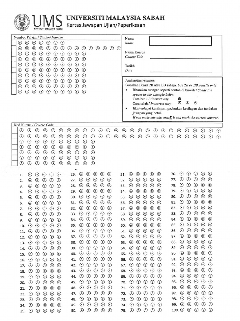 UMS Kertas Jawapan Peperiksaan OMR | PDF
