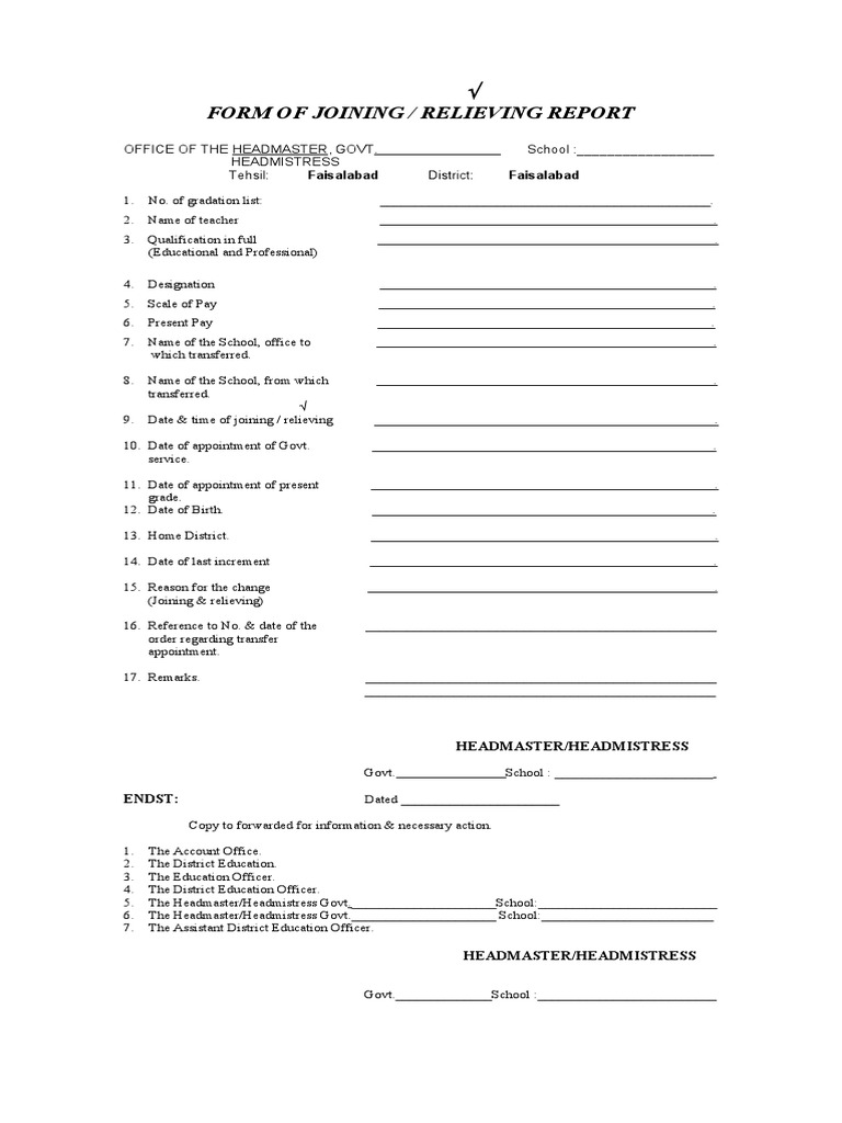 Form of Joining / Relieving Report: School | PDF | Educational Personnel | Behavior Modification