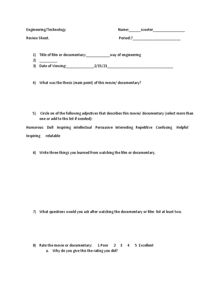 Engineering Documentary Worksheet | PDF | Games & Activities