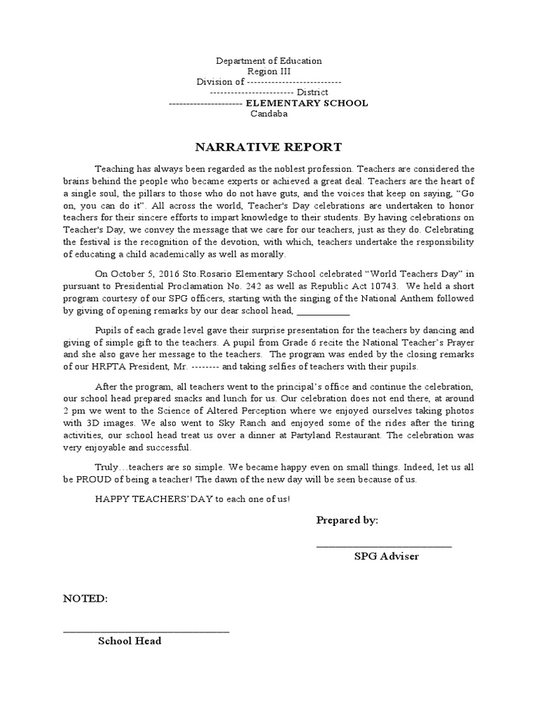 Narrative Report: - ELEMENTARY SCHOOL | PDF | Teachers | Human Nature