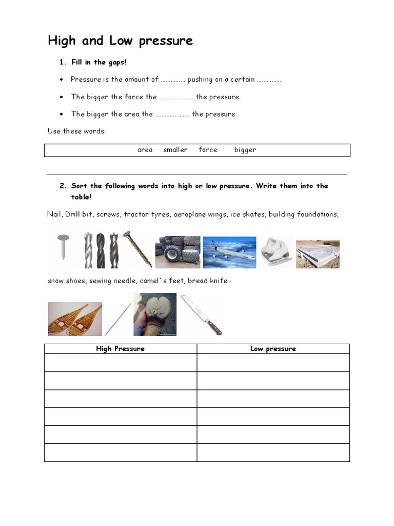 High and Low Pressure Worksheet | PDF