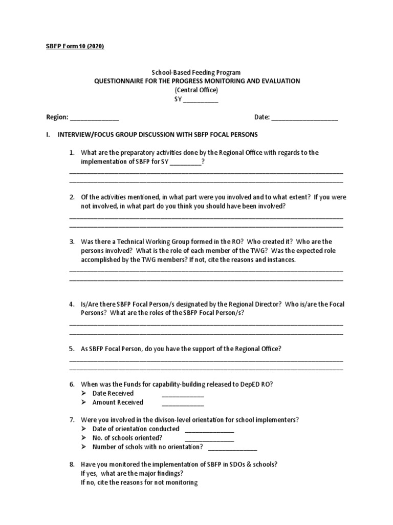 SBFP Progress Monitoring Questionnaire | PDF | Business | Foods
