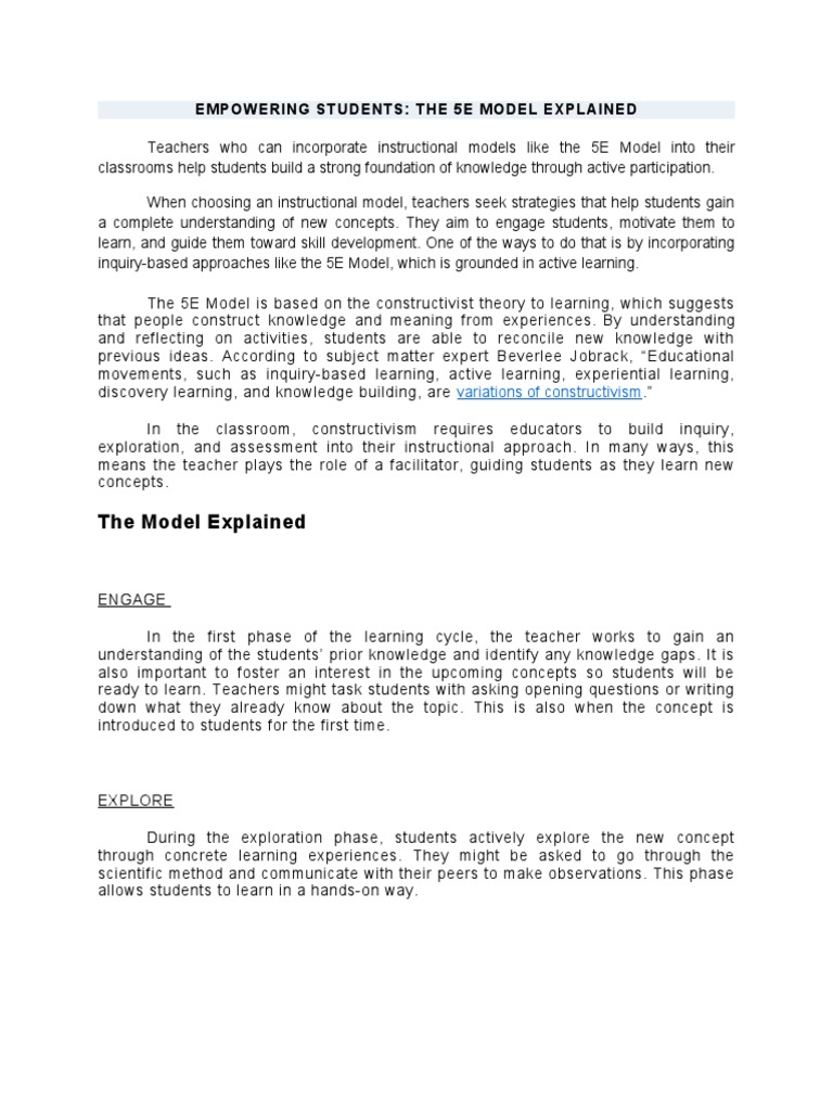 Empowering Students: The 5E Model Explained | PDF | Inquiry Based ...