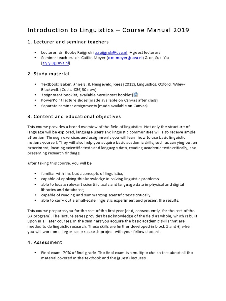 Course Manual - Introduction To Linguistics - August 2019 - Final | PDF ...