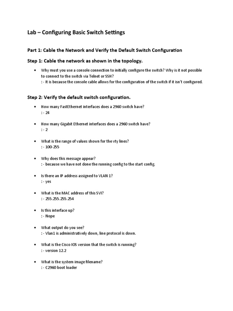 Lab - Configuring Basic Switch Settings | PDF | Computer Network | Network Architecture