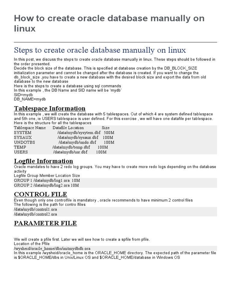 How To Create Oracle Database Manually On Linux Pdf Data Management
