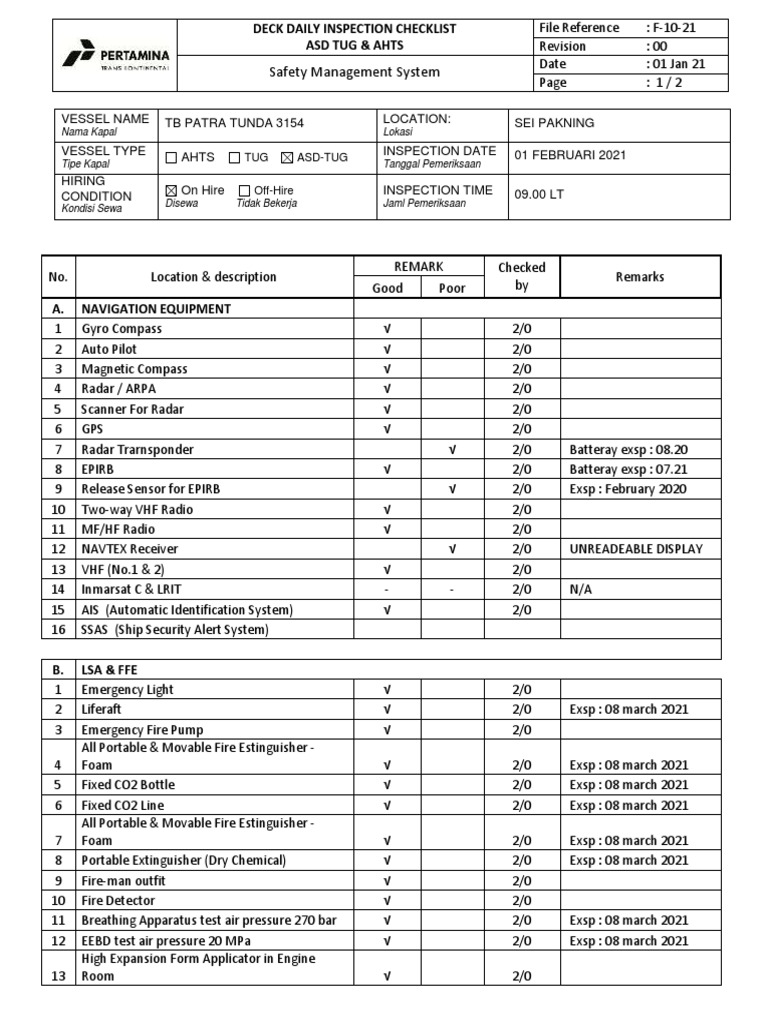 Ahts Tug Deck Daily Inspection Checklist 01 Feb 21 | PDF | Equipment ...