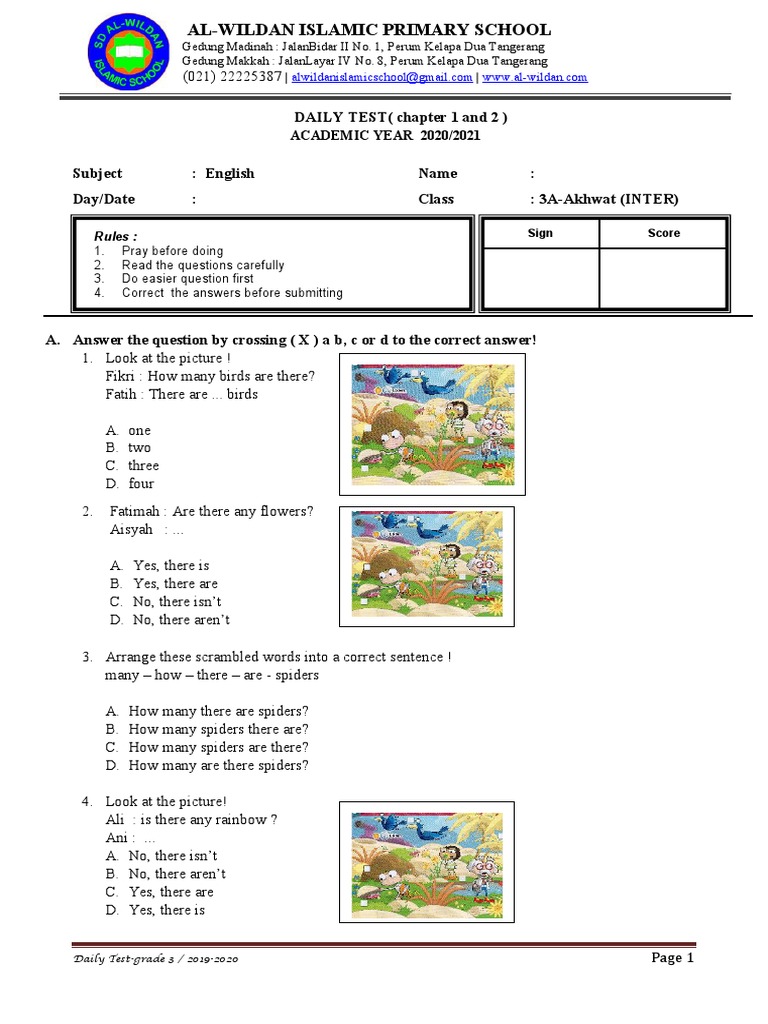 DAILY TEST (Chapter 1 and 2) Subject: English Day/Date: Name: Class: 3A ...