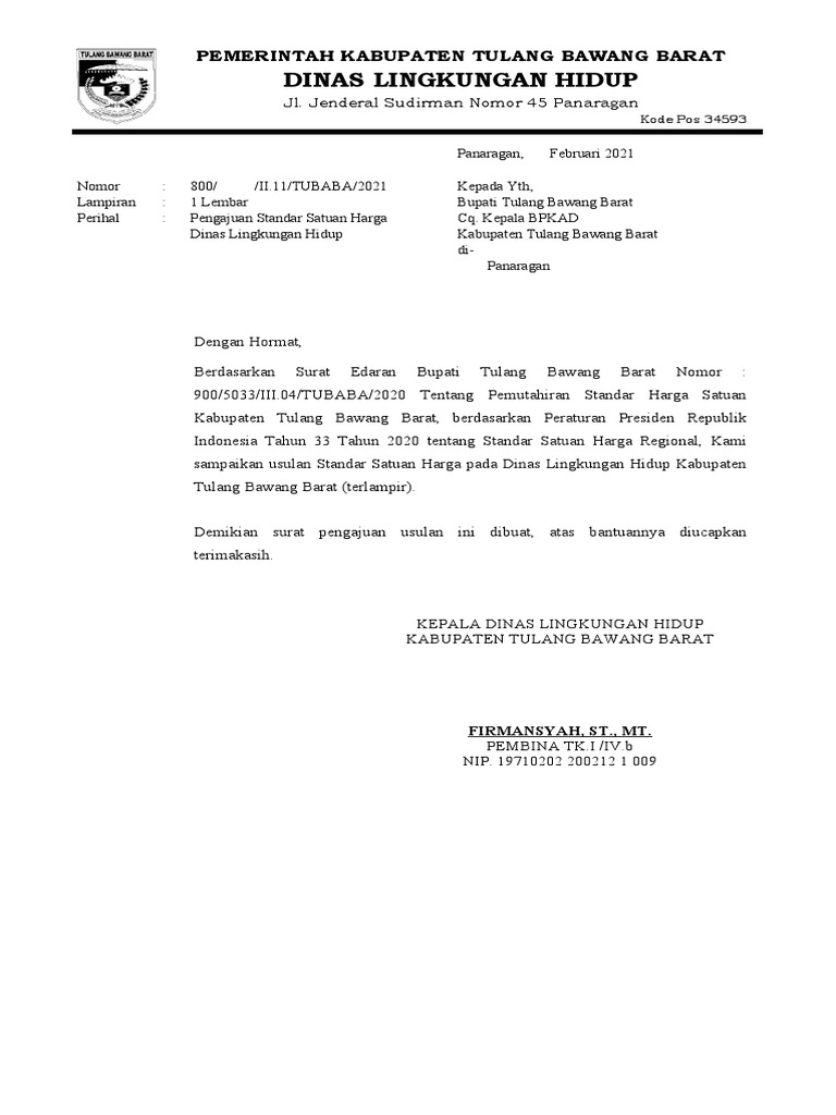 Surat Usulan SSH Dinas Lingkungan Hidup | PDF