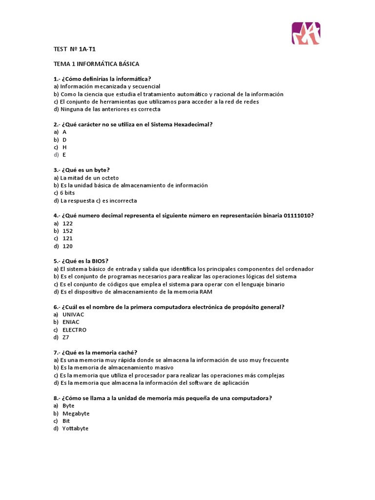 TEST 1A-T1 - Tema 1 Informática Básica | PDF | Almacenamiento de datos ...