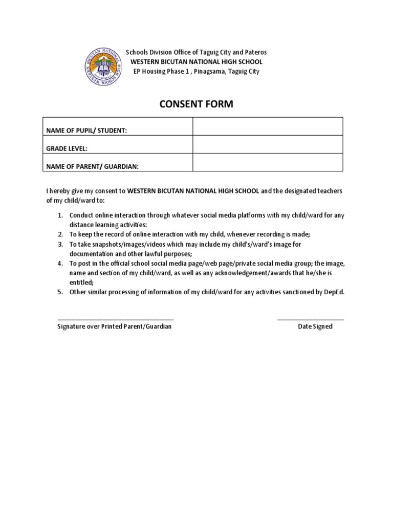 Consent Form For Online Class and Other Activities | PDF
