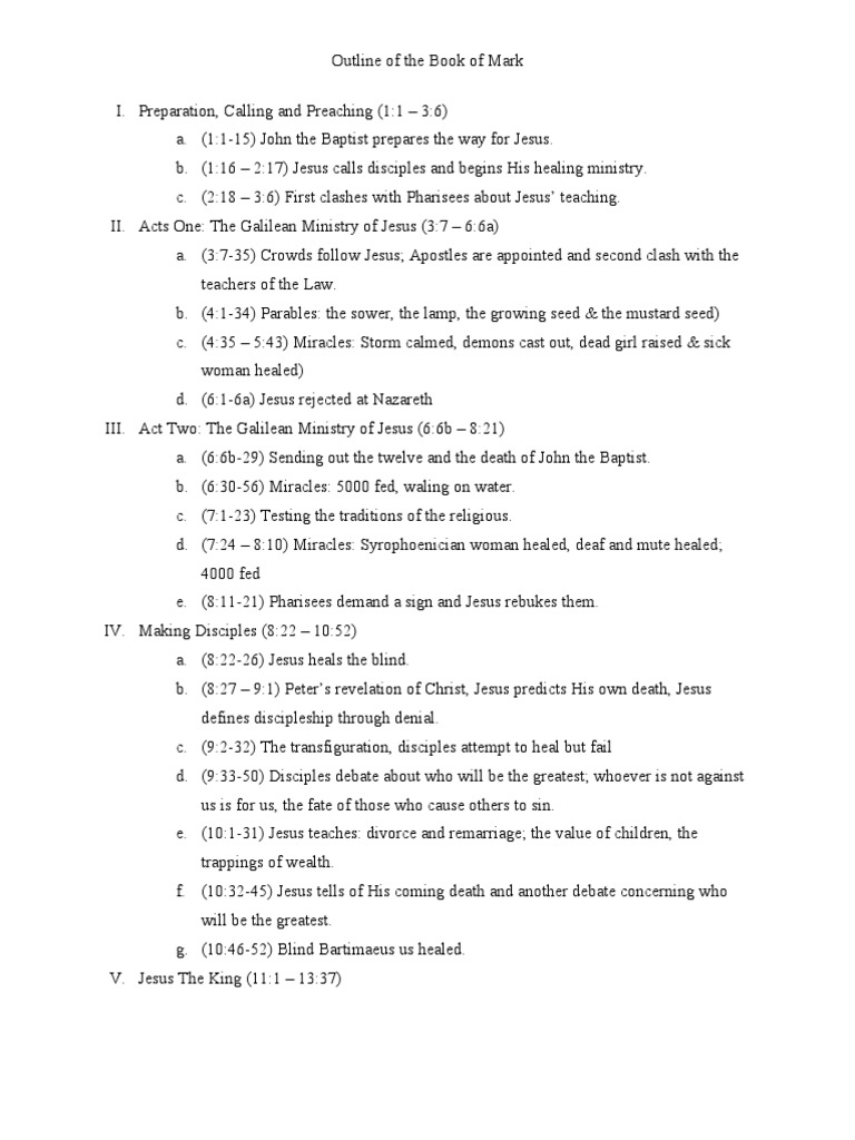 Outline of the Gospel of Mark | PDF | Ministry Of Jesus | Canonical Gospels