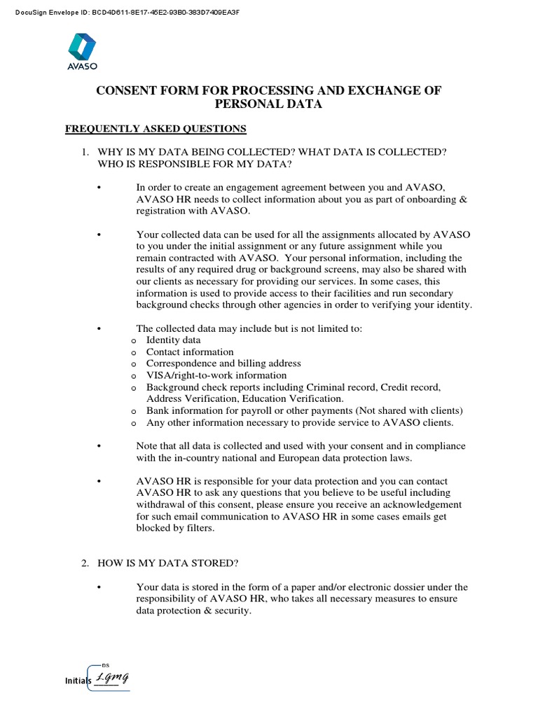 Consent Form For Processing and Exchange of Personal Data: Frequently ...