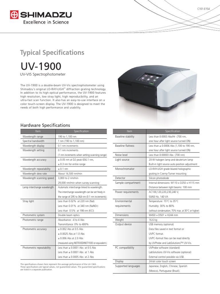 UV-1900 Typical Specification Sheet | PDF | Ultraviolet–Visible ...