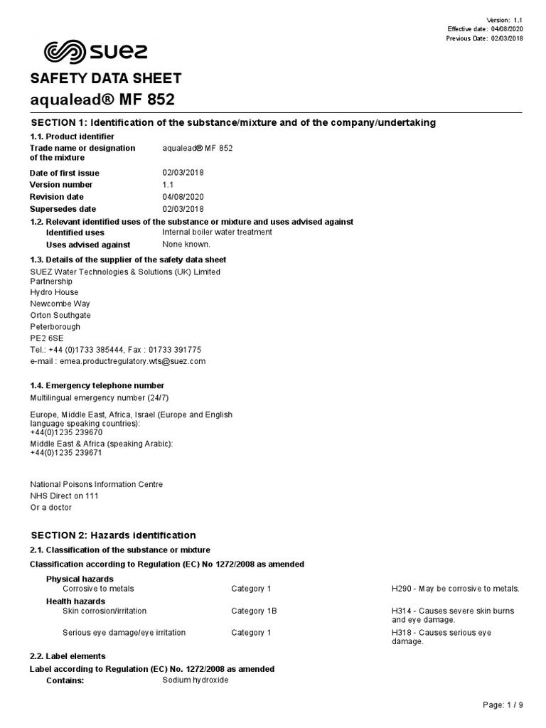 0 - 030311 - Aqualead MF 852 | PDF | Dangerous Goods | Toxicity