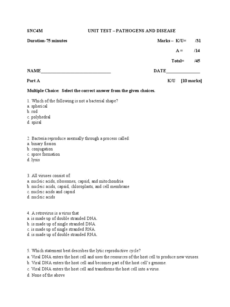 Pathogens and Disease Unit Test | PDF | Virus | Infection