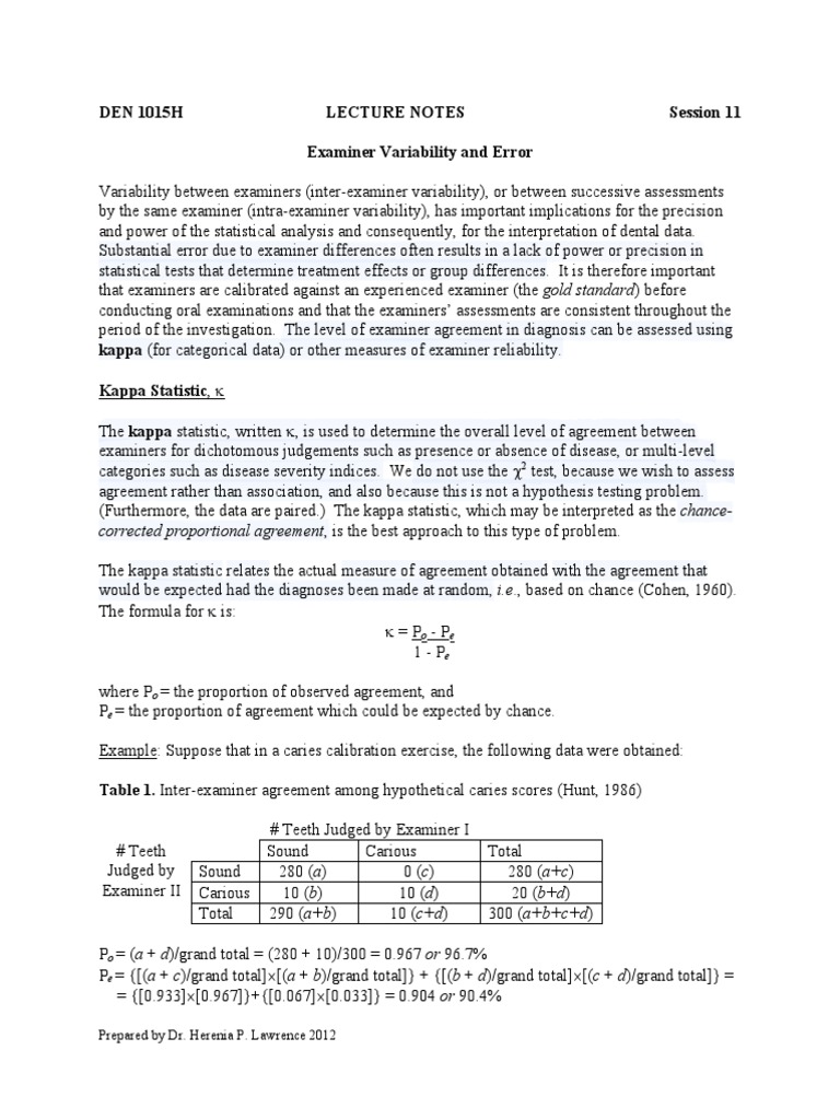 Den 1015h Lecture Notes Session 11 Examiner Variability And Error Pdf Type I And Type Ii