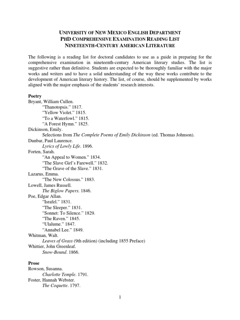 19th Century American Literature Reading List | PDF | American ...